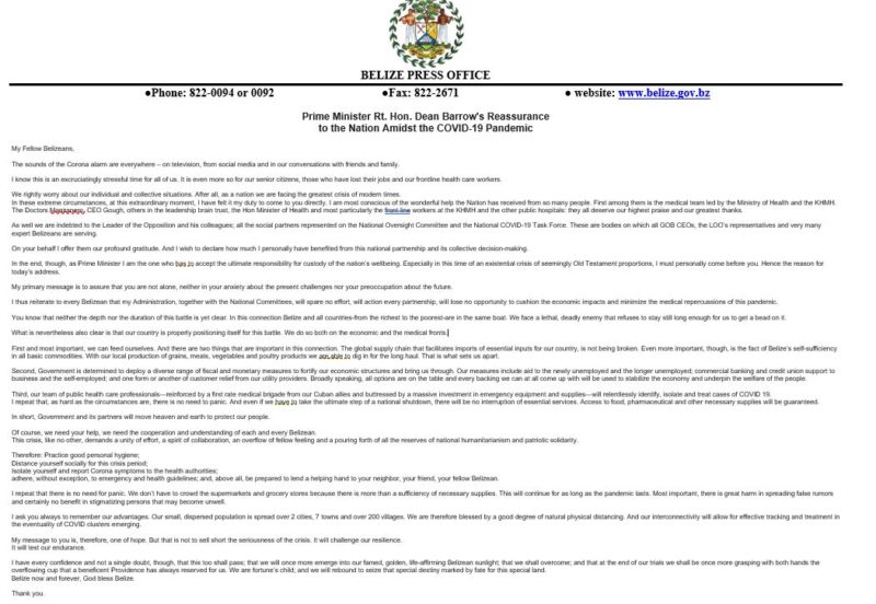 Prime Minister Rt. Hon. Dean Barrow’s Reassurance To The Nation Amidst ...