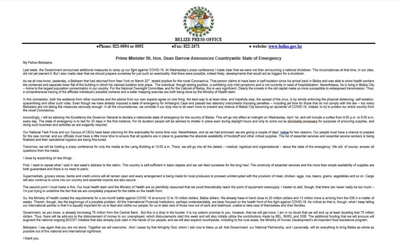 Prime Minister Rt. Hon. Dean Barrow Announces Countrywide State Of ...