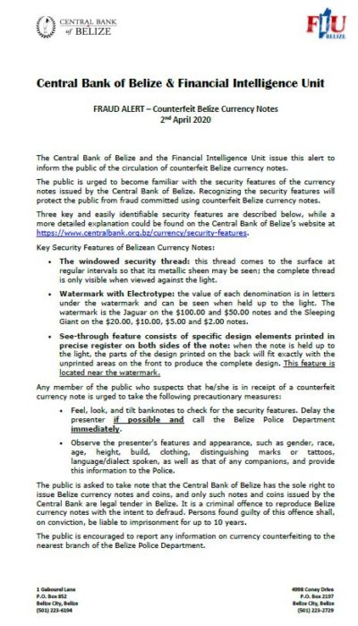 Central Bank Of Belize & Financial Intelligence Unit Fraud Alert ...